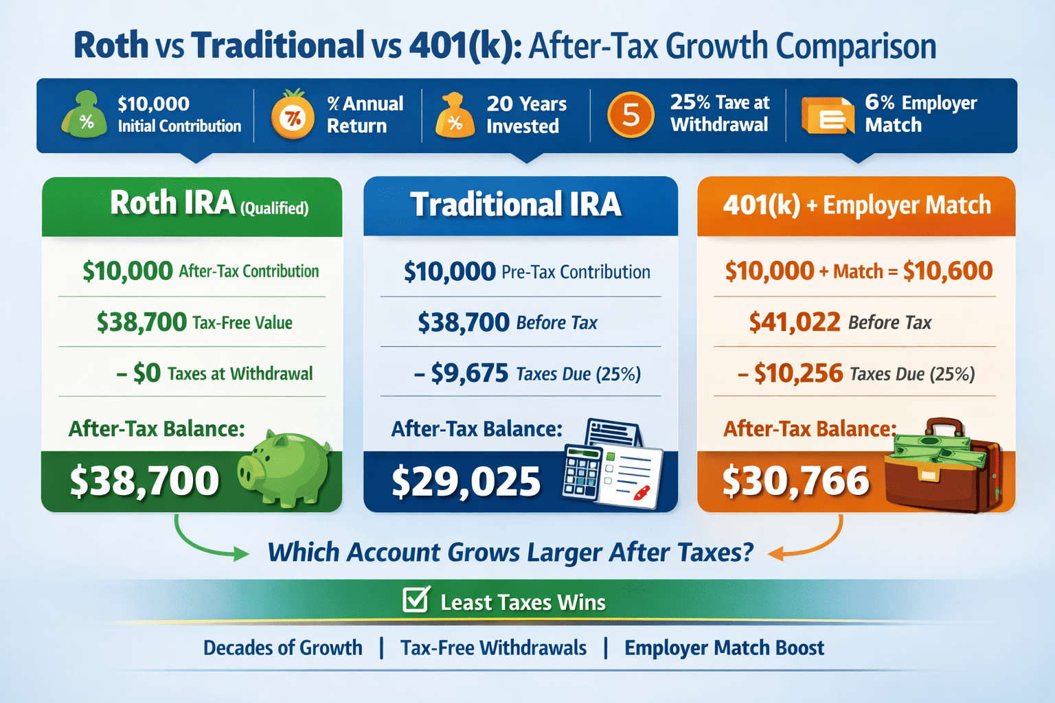 Roth vs Traditional vs 401(k) Calculator (2026) | After-Tax Growth